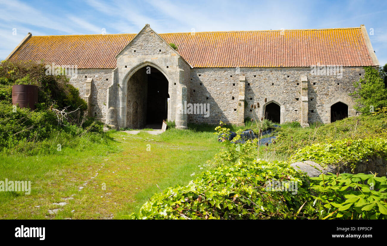 Fine medieval tithe barn at Woodspring Priory near Sand Point in ...