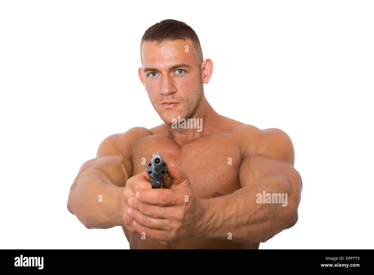 Young man with a gun, isolated on a white background Stock Photo - Alamy