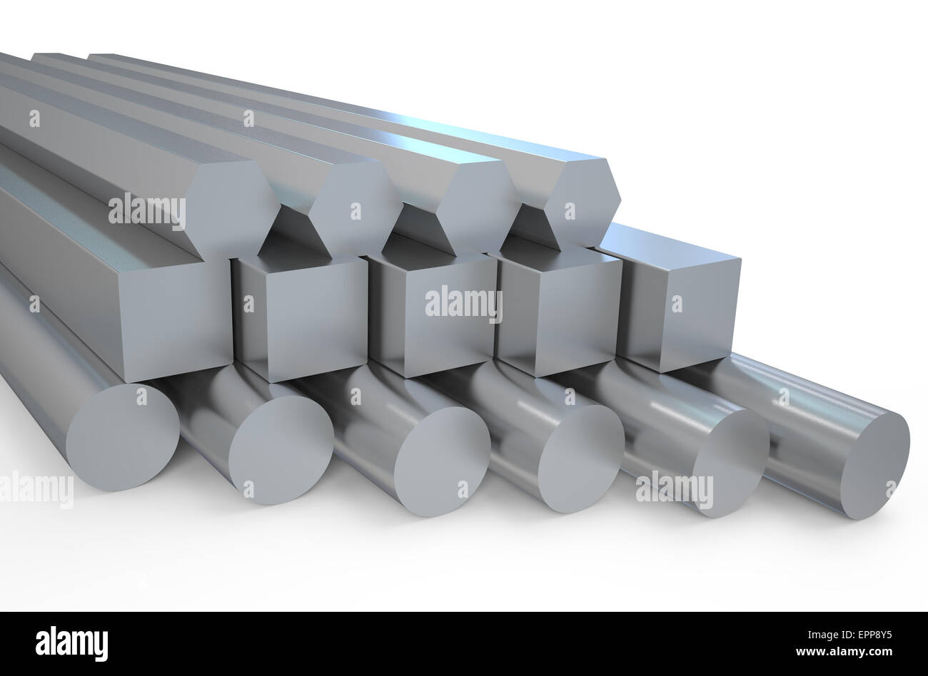 steel hexagon and round bars and square rods isolated on white ...