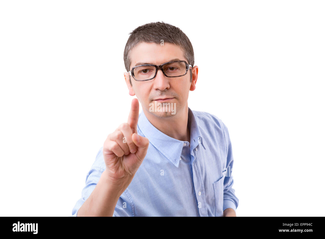 Business man pressing key, isolated over white Stock Photo - Alamy