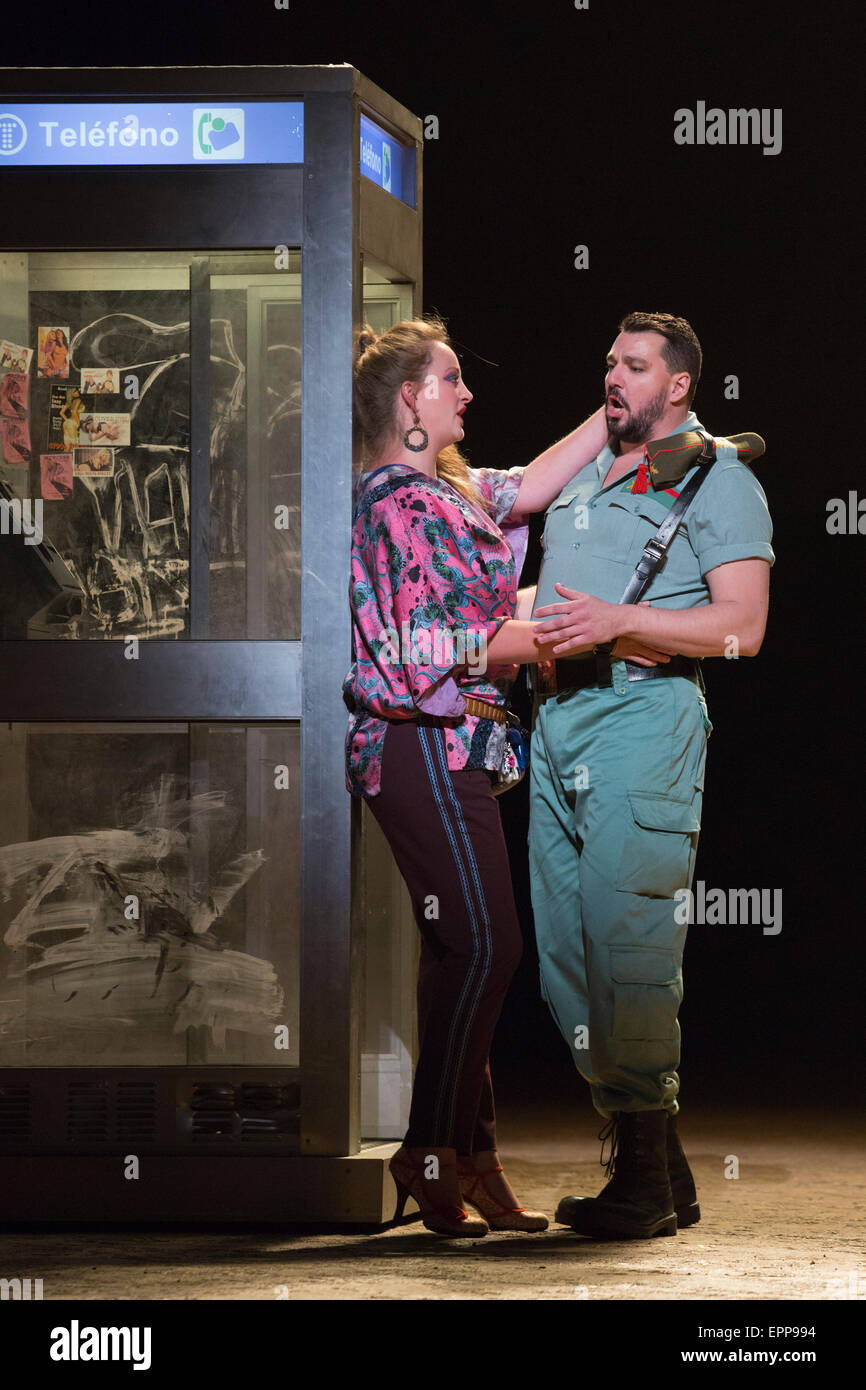 London, UK. 18 May 2015. Eleanor Dennis as Micaela and Eric Cutler as ...