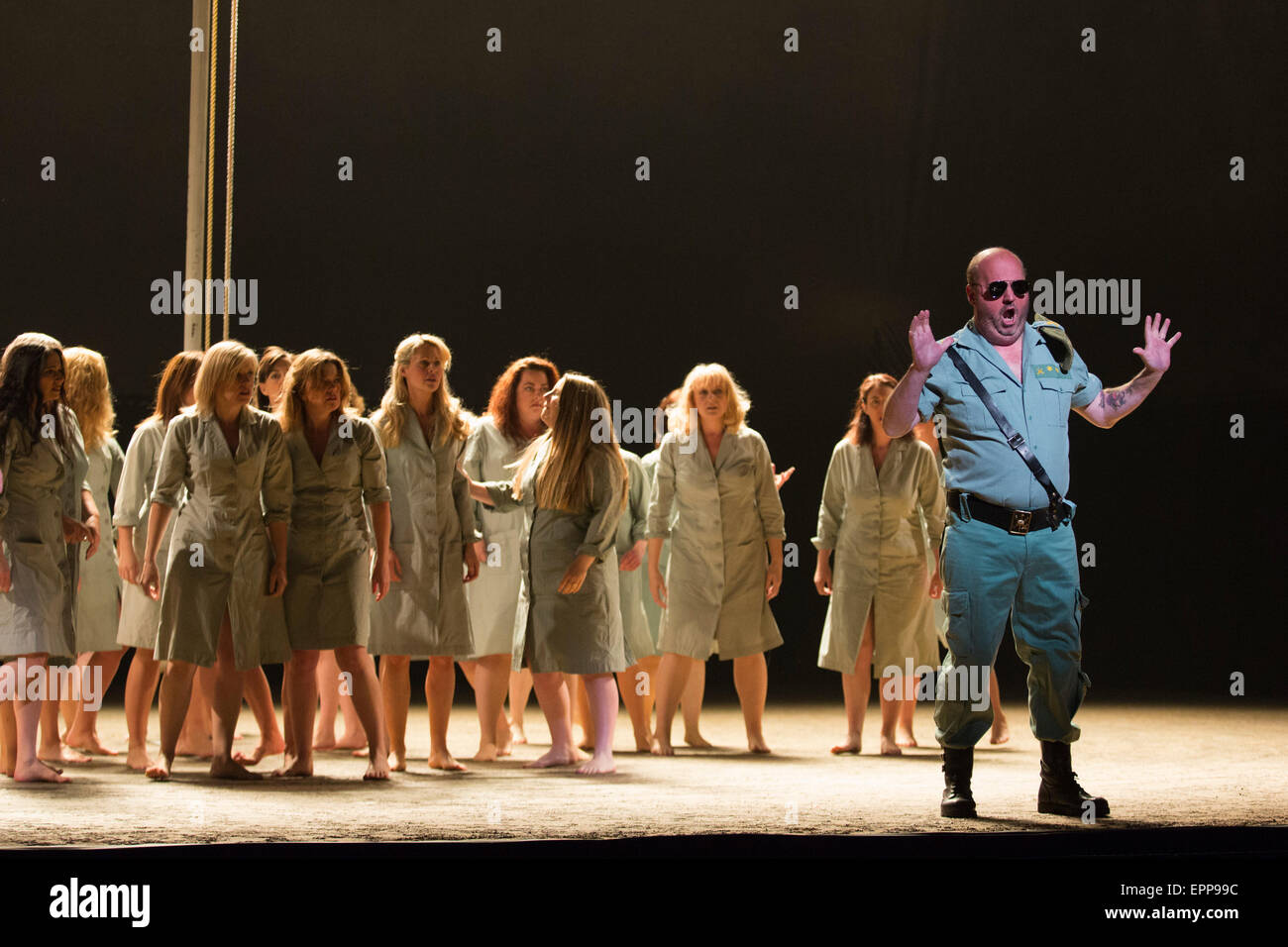 London, UK. 18 May 2015. Graeme Danby as Zuniga. Dress rehearsal of the ...