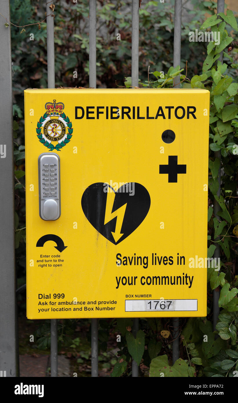 An emergency defibrillator box set up by the West Midlands Ambulance ...