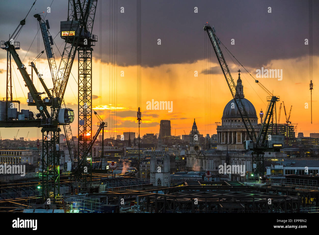 Cityscape of silhouetted tower cranes on the Bloomberg Place ...
