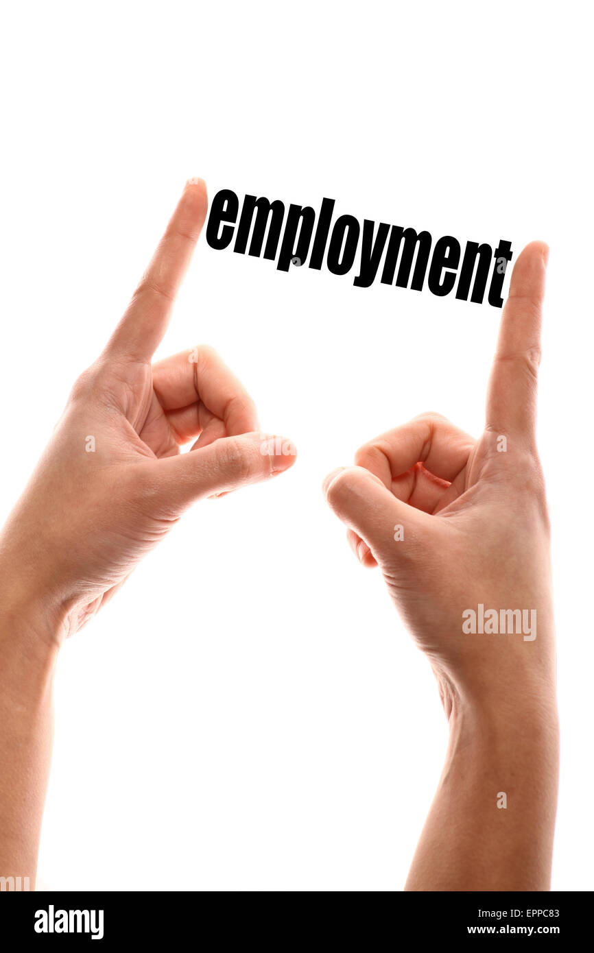 Color vertical shot of two hands squeezing the word "employment Stock ...