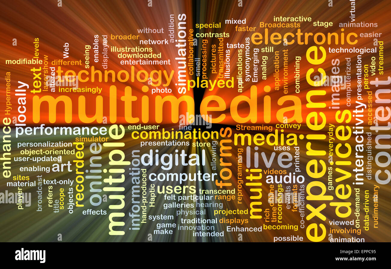 Background concept wordcloud illustration of multimedia glowing light ...