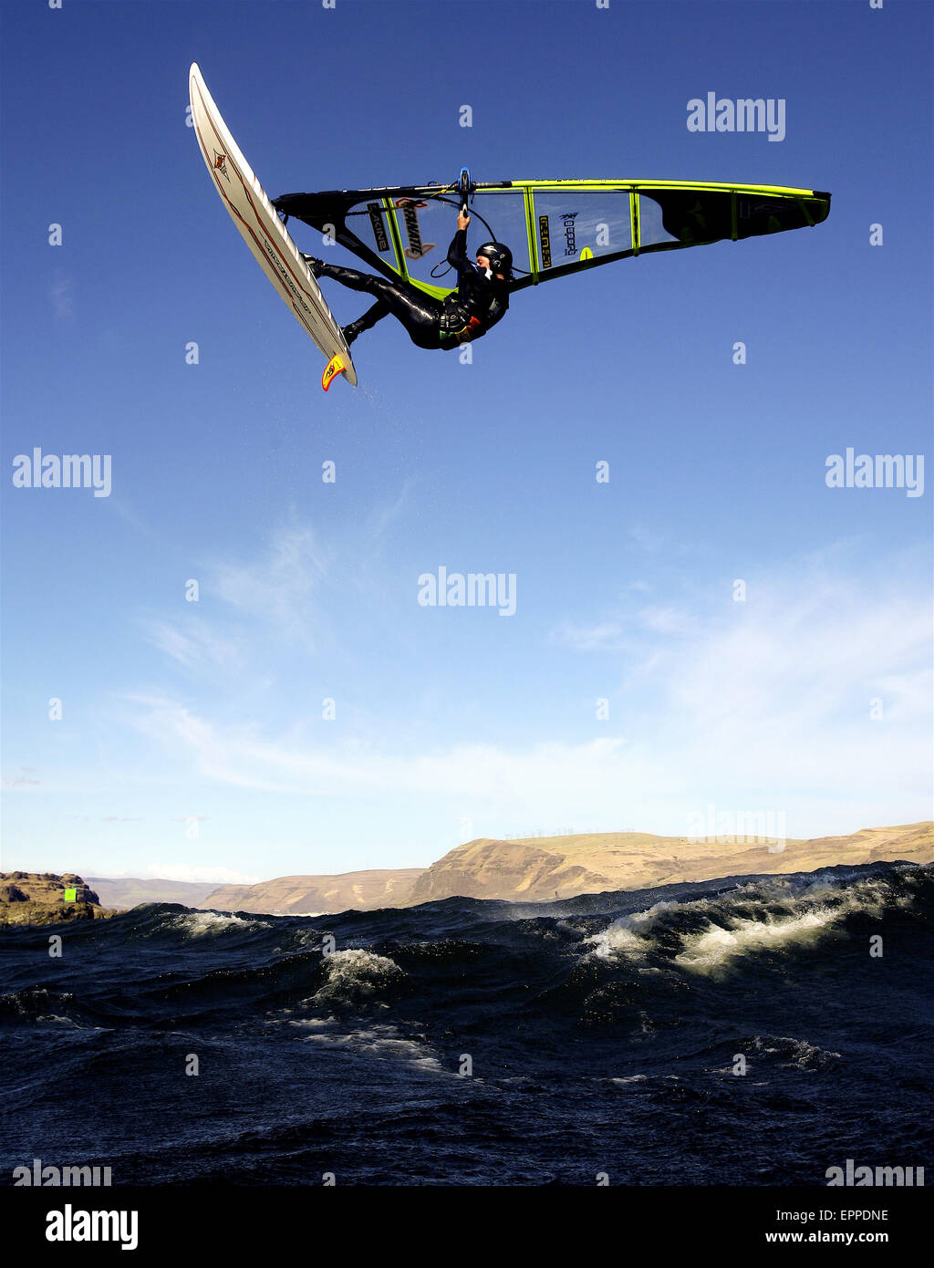 A Windsurfer floats a nice jump at The Wall - Maryhill, WA Stock Photo ...