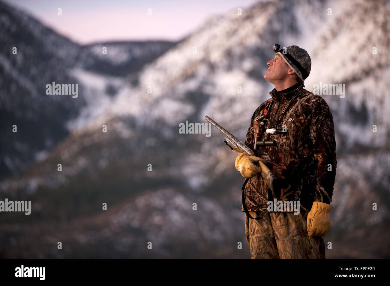 A hunter keeps his eyes on the sky in search of geese in the early ...
