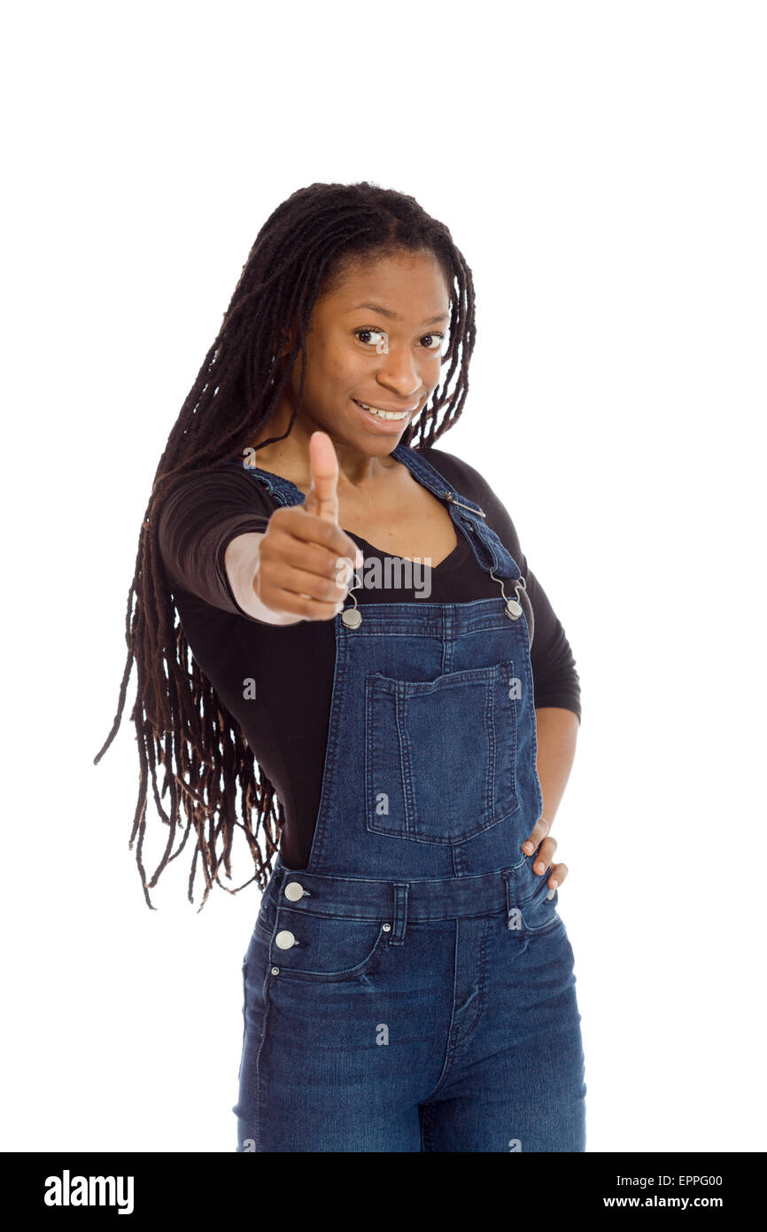 Model isolated on plain background in studio with tumbs up Stock Photo ...