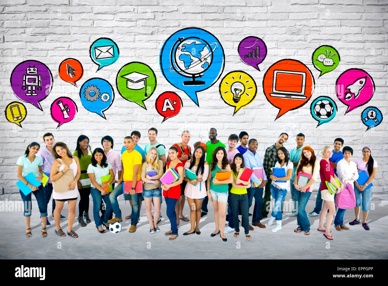 Group of students with speech bubbles Stock Photo - Alamy