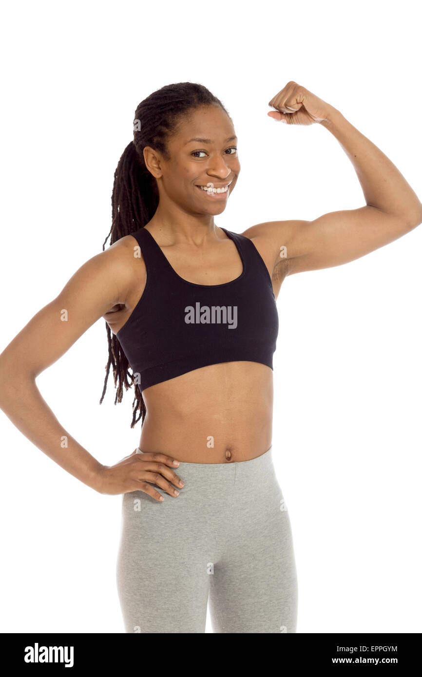 Model isolated on plain background in studio arm curl Stock Photo - Alamy