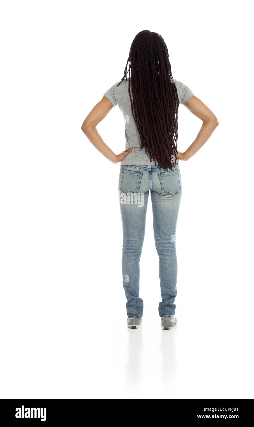 Model isolated on plain background in studio from behind Stock Photo ...