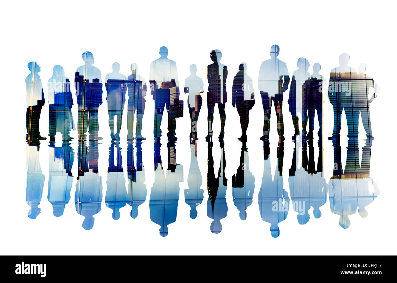 Silhouettes of Business People Overlayed with Cityscape Stock Photo - Alamy