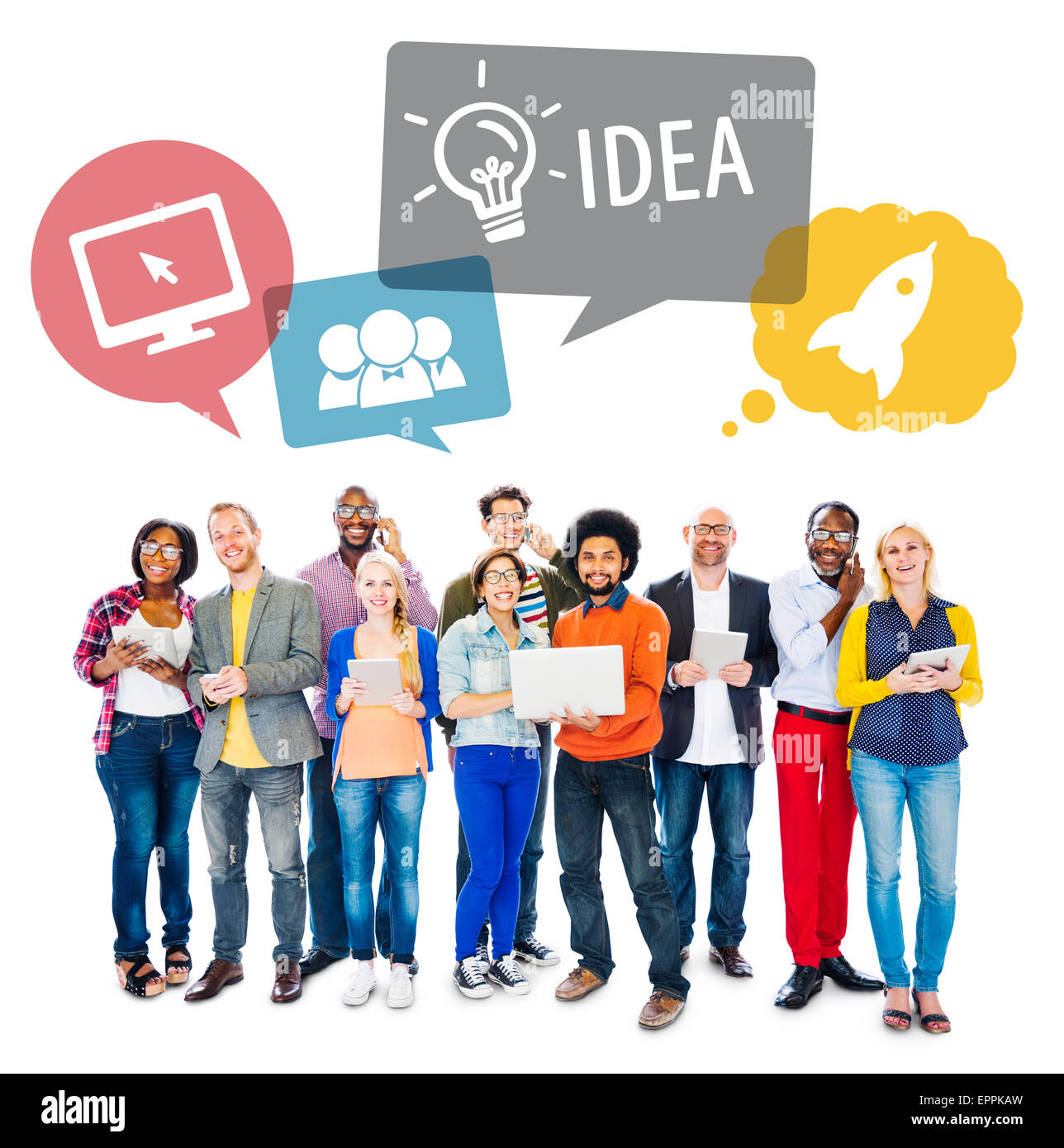 Diverse People with Modern Technologies and Idea Concept Stock Photo ...