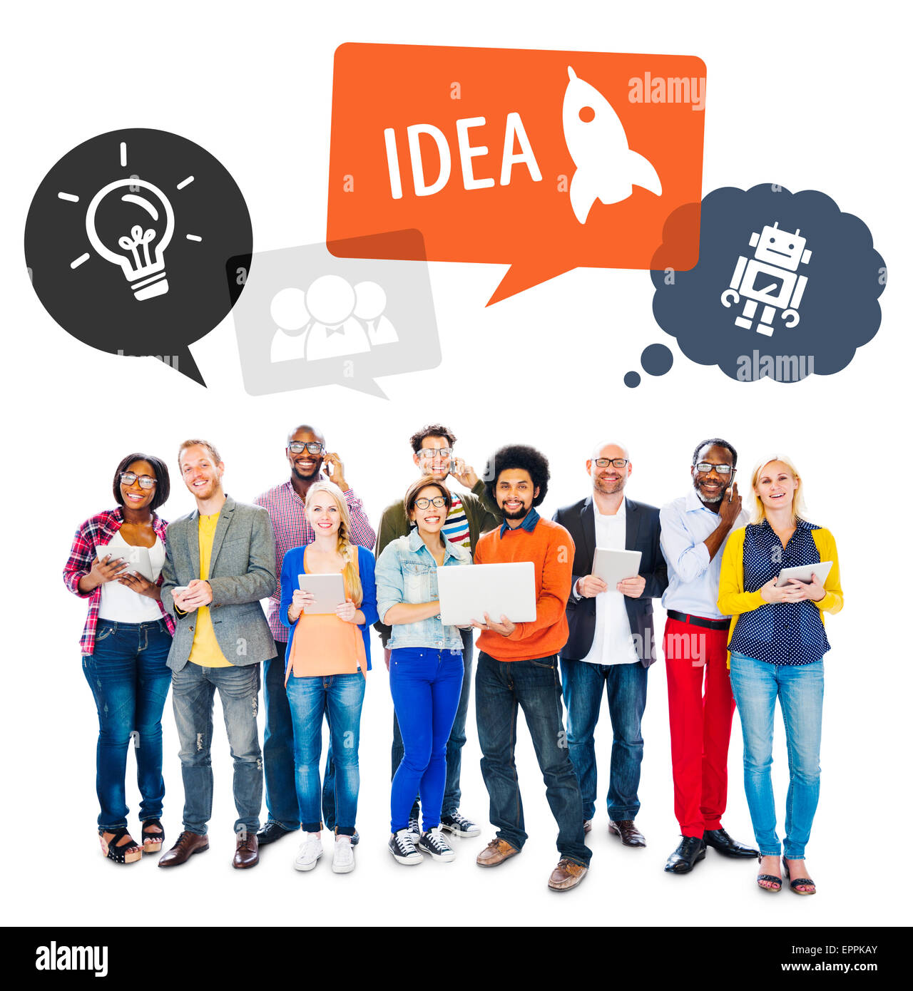 Diverse People with Modern Technologies and Idea Concept Stock Photo ...