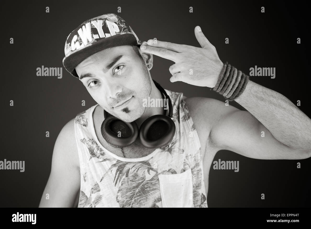 Model in studio isolated on plain grey background Stock Photo - Alamy