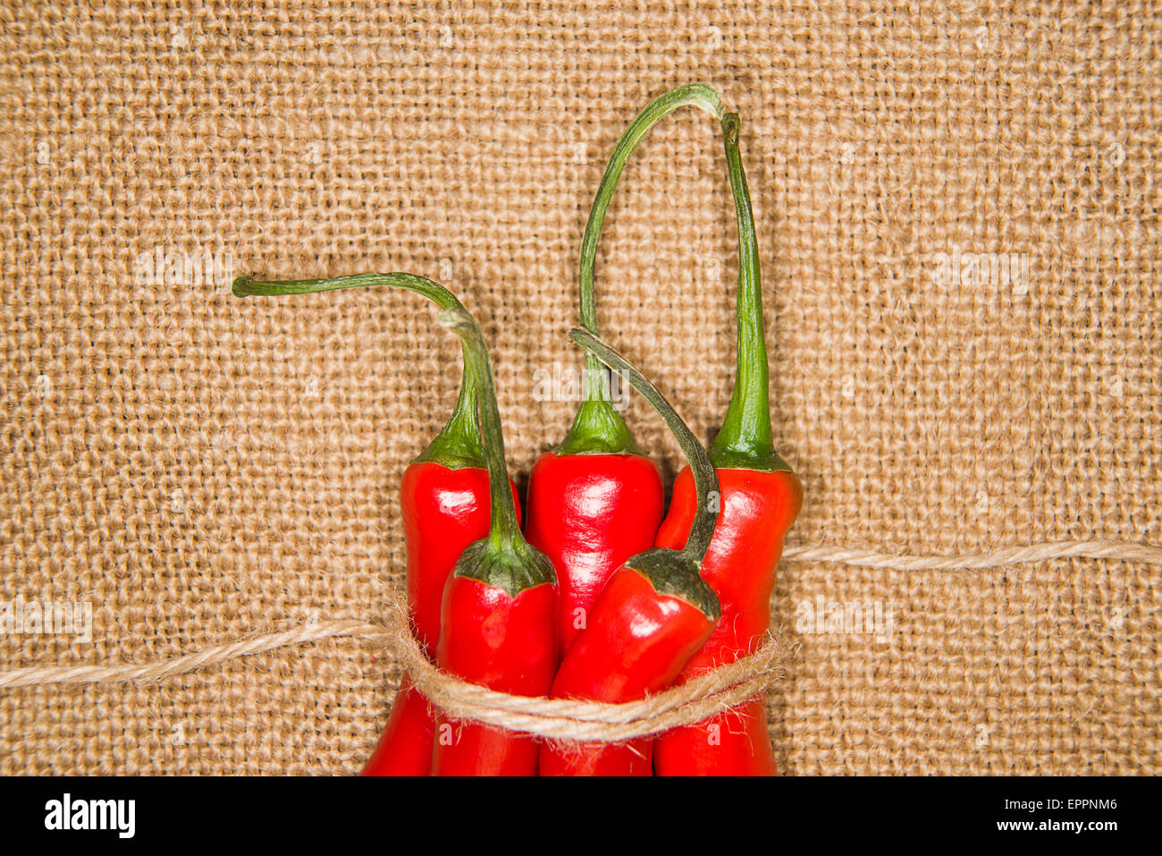 Five Chile peppers tied with a rope on old cloth Stock Photo - Alamy