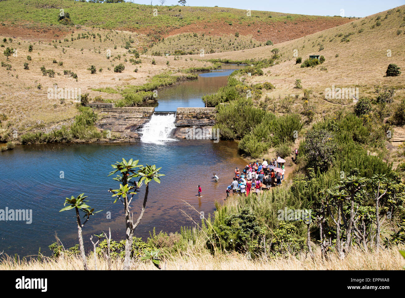 Weir and pool in the Belihul Oya river, Horton Plains National Park ...