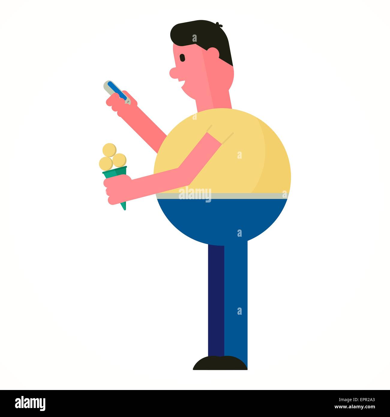 Vector illustration of a man with ice cream and mobile phone. Flat ...