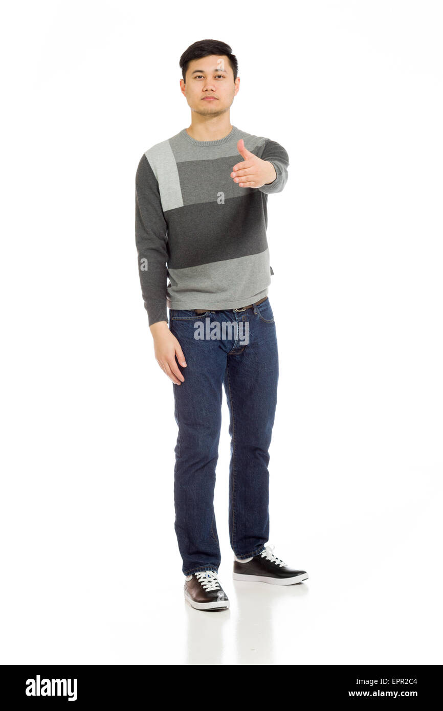 Model isolated on plain background in studio agreement hand shake Stock ...