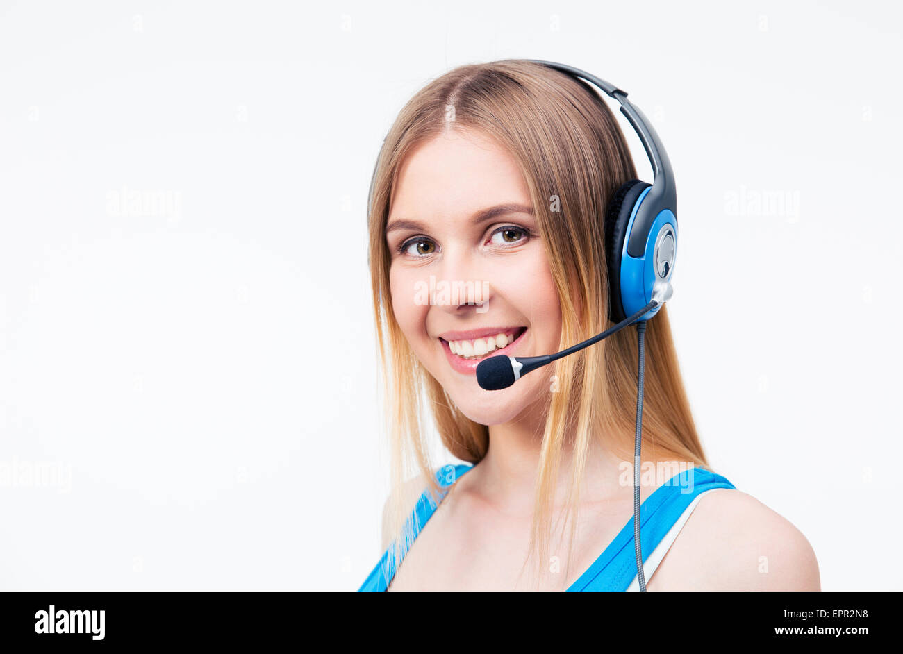 Happy woman assistant operator in headset isolated on a white ...