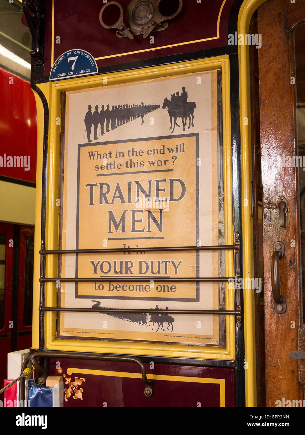 WW2 era poster on a vintage tram at the National Tramway Museum,Crich ...