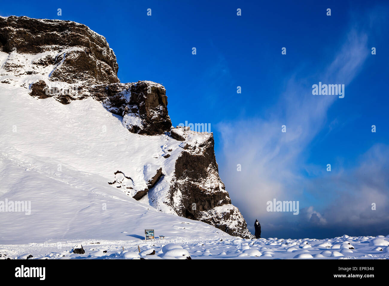 Snowy volcano mountain landscape in Reynisfjara, South Iceland Stock ...