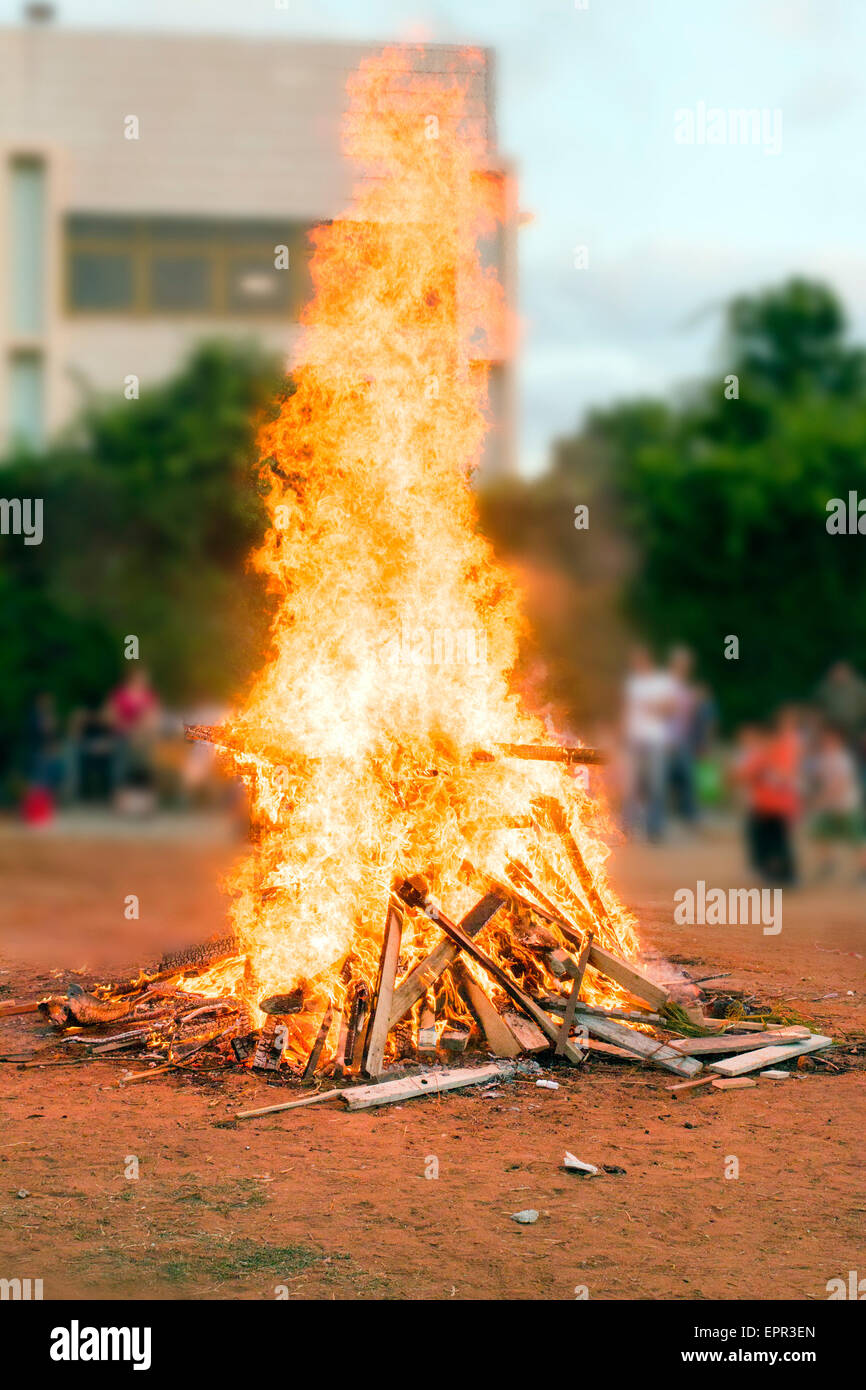 A blazing bonfire lit to Celebrate the Jewish holiday of Lag Baomer ...