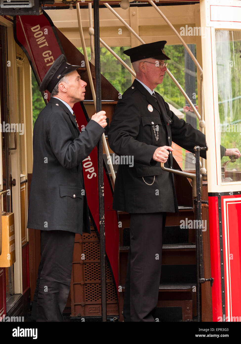 drivers of a vintage tram at the National Tramway Museum,Crich ...