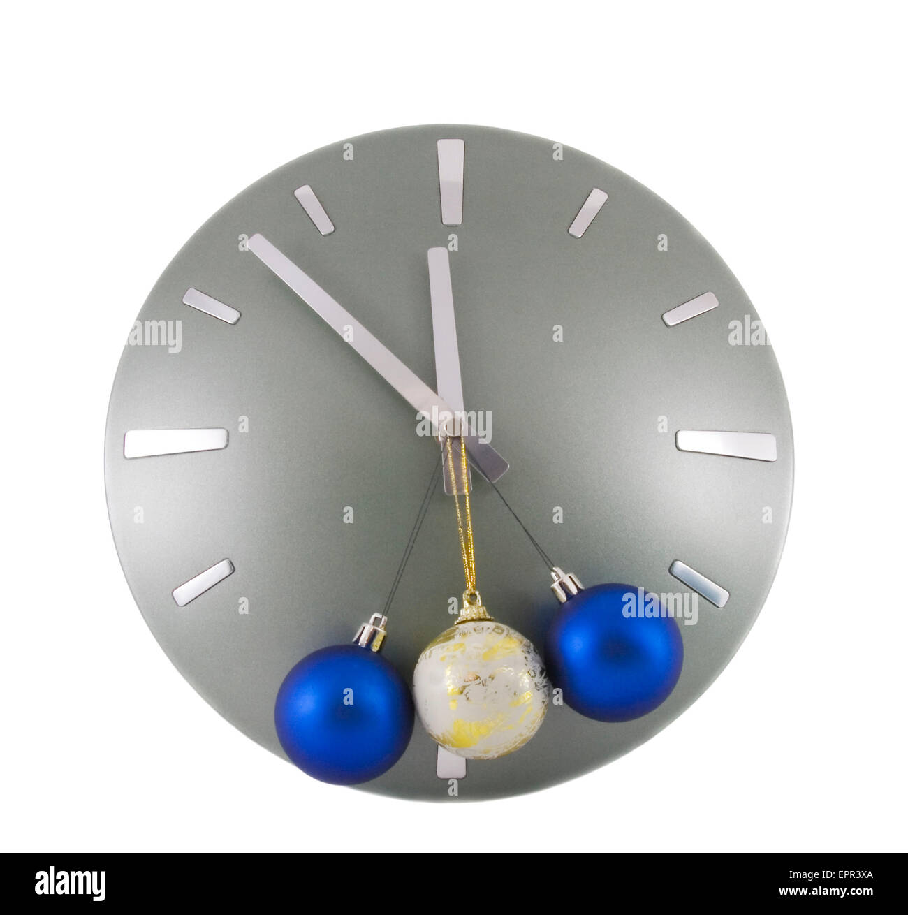 Clock (5 minutes to 12) over white with color Christmas balls Stock ...