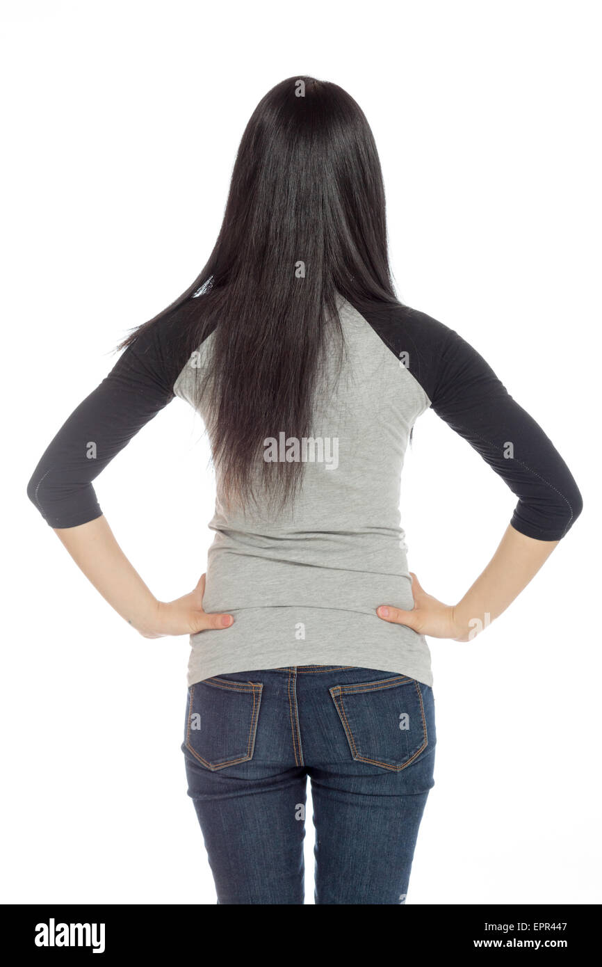 Model isolated on plain background in studio from behind Stock Photo ...