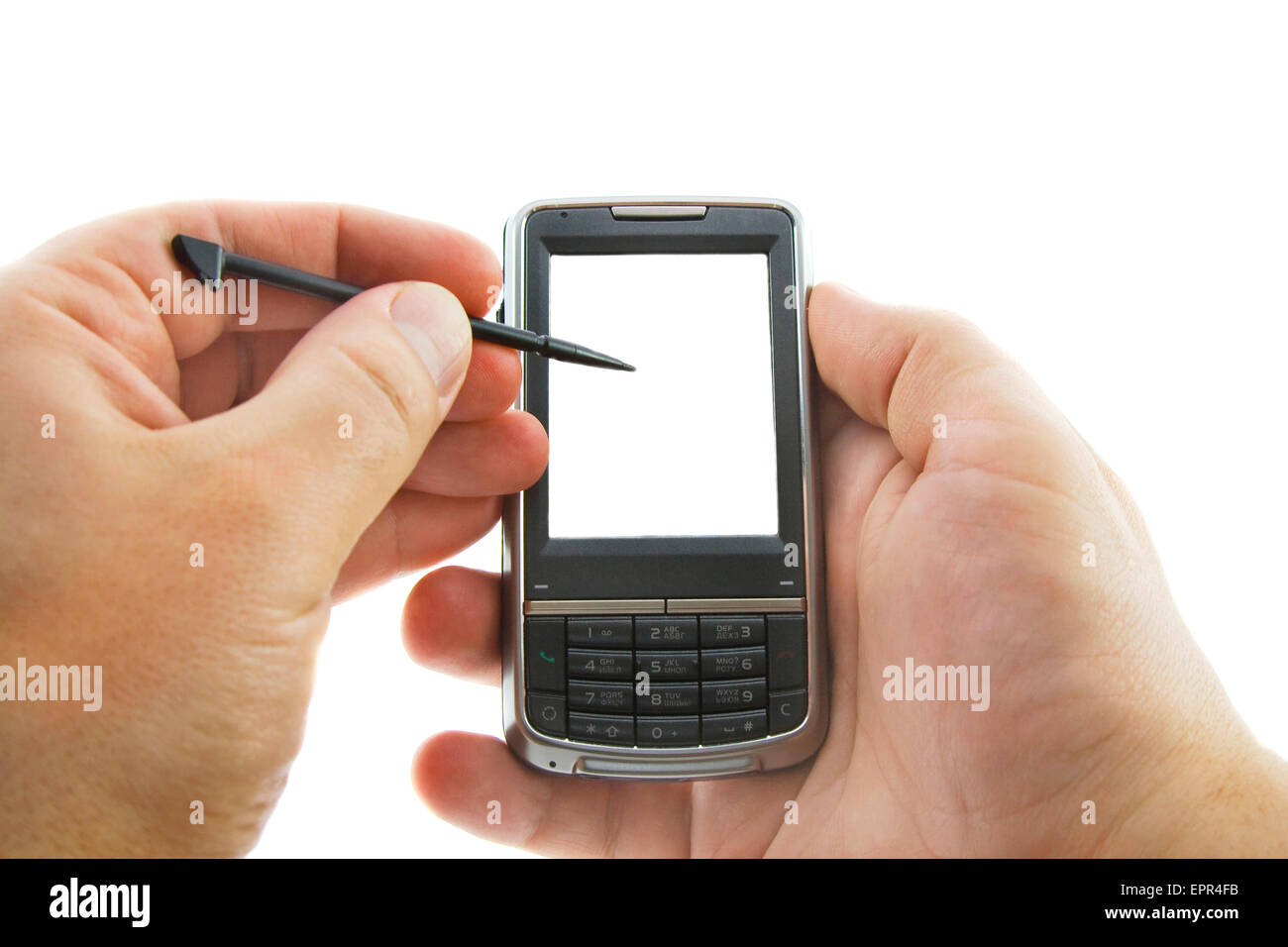 Smartphone in hands, isolated white Stock Photo - Alamy