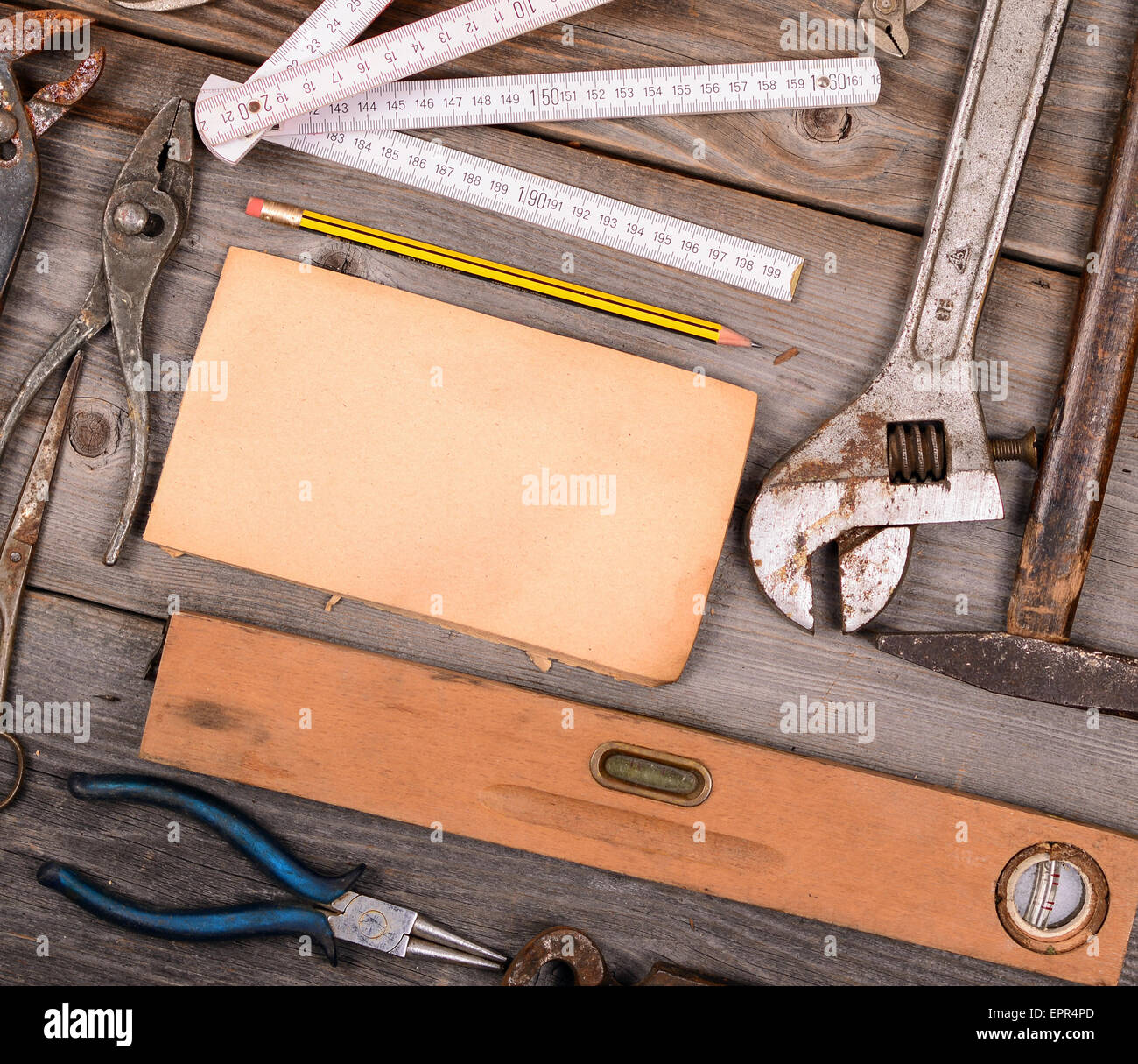 Vintage construction tools background Stock Photo - Alamy