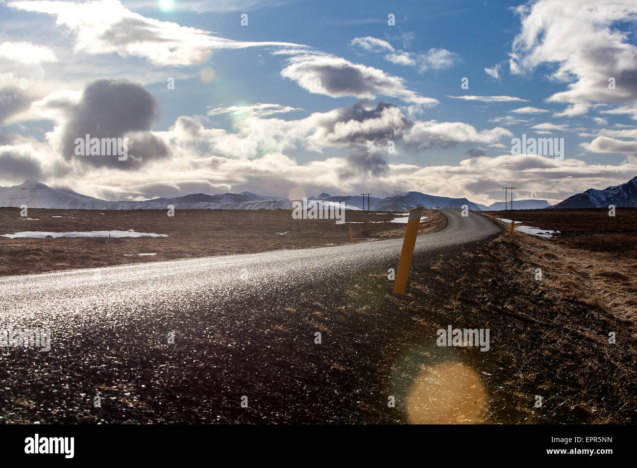 Snowy volcano landscape with dramatic clouds in West Iceland Stock ...