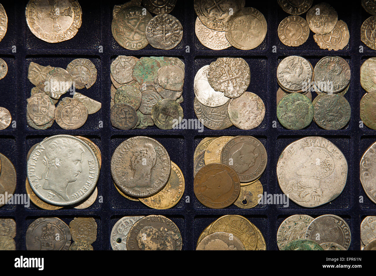 A lot of old silver coins with portraits of kings Stock Photo - Alamy