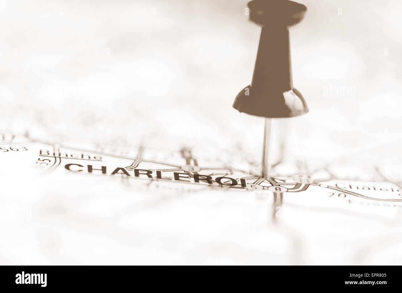 Pushpin showing Charleroi City On Map, Belgium with vintage sepia ...