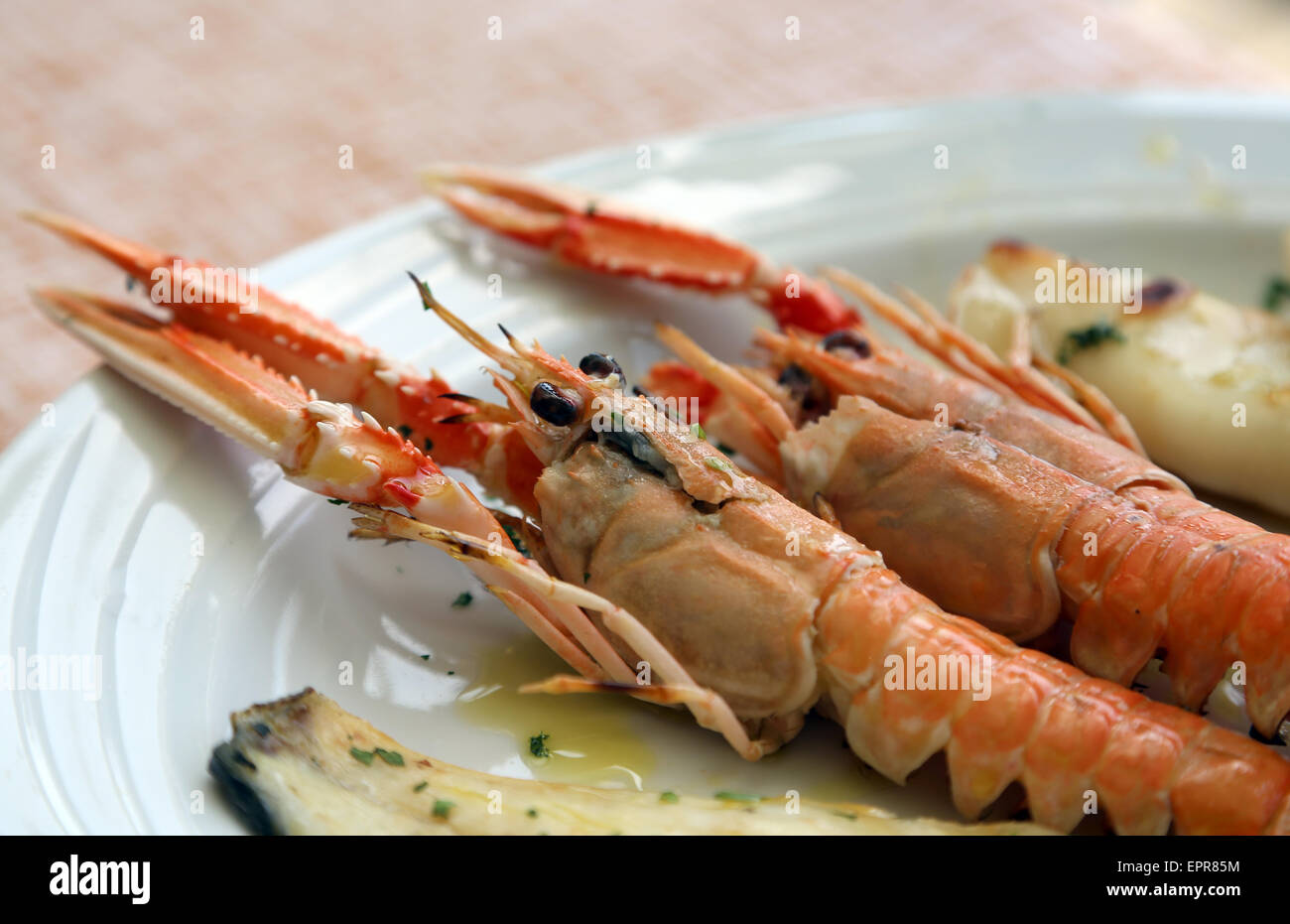 grilled fish with two prawns Stock Photo - Alamy