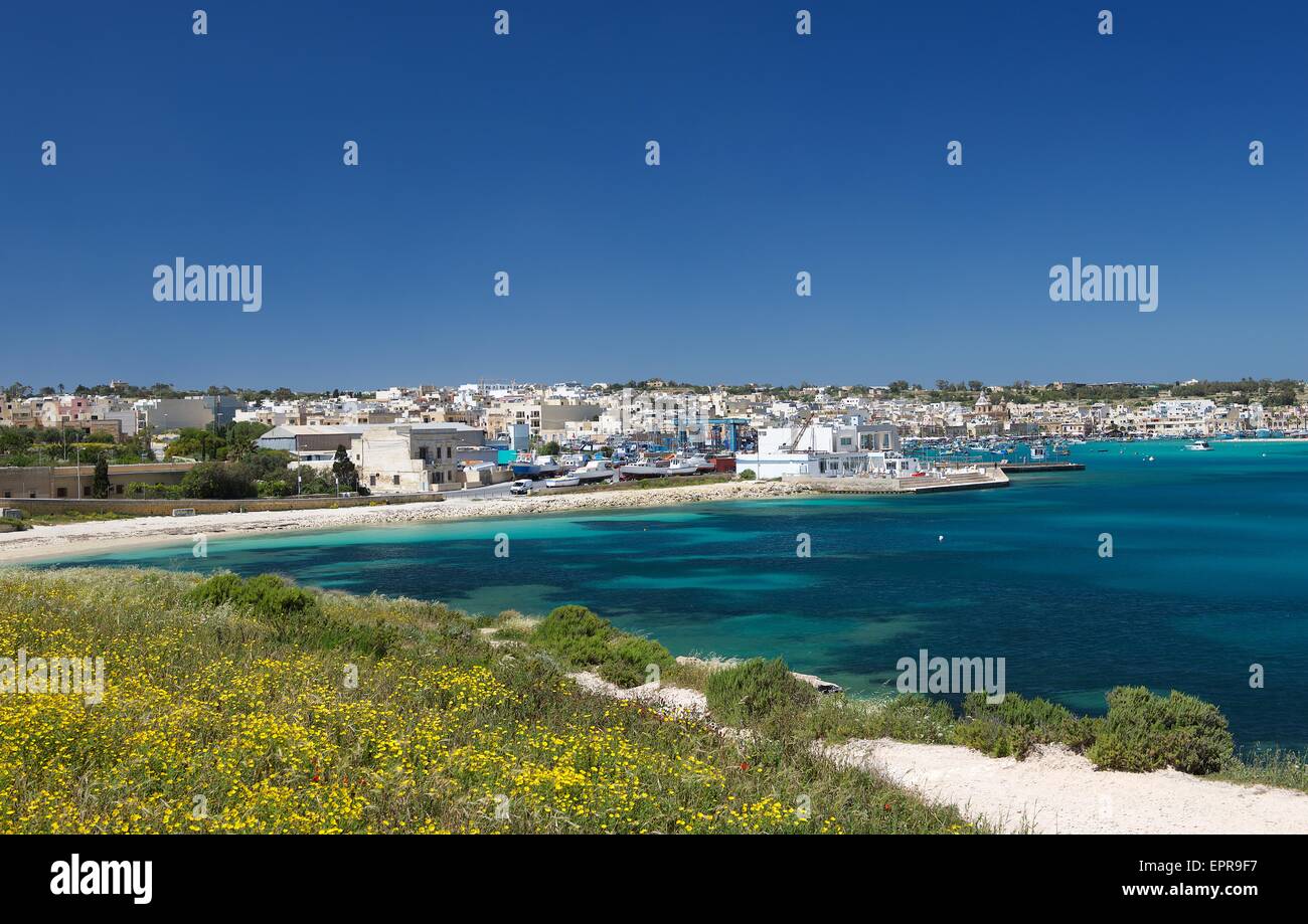 Maltese landscape, view to the crystal clear sea from Marsaxlokk point ...
