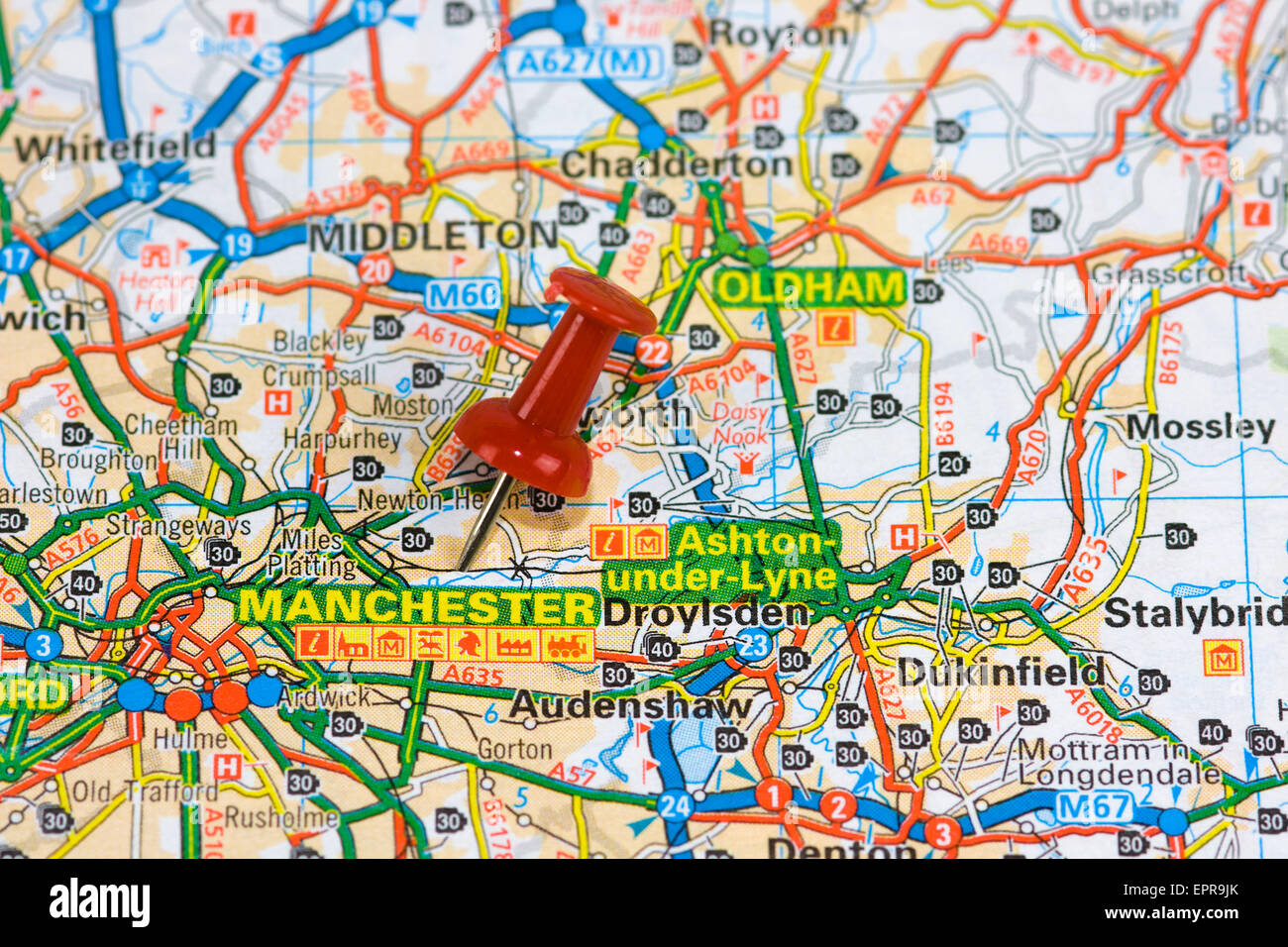 Street Map of Mamchester with red pin Stock Photo - Alamy