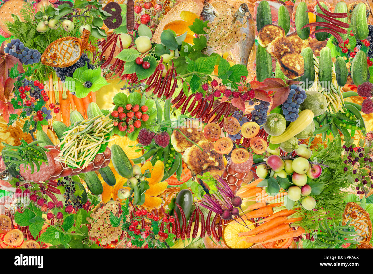 Simple healthy fresh food - fruits, vegetables, pastries and meat ...