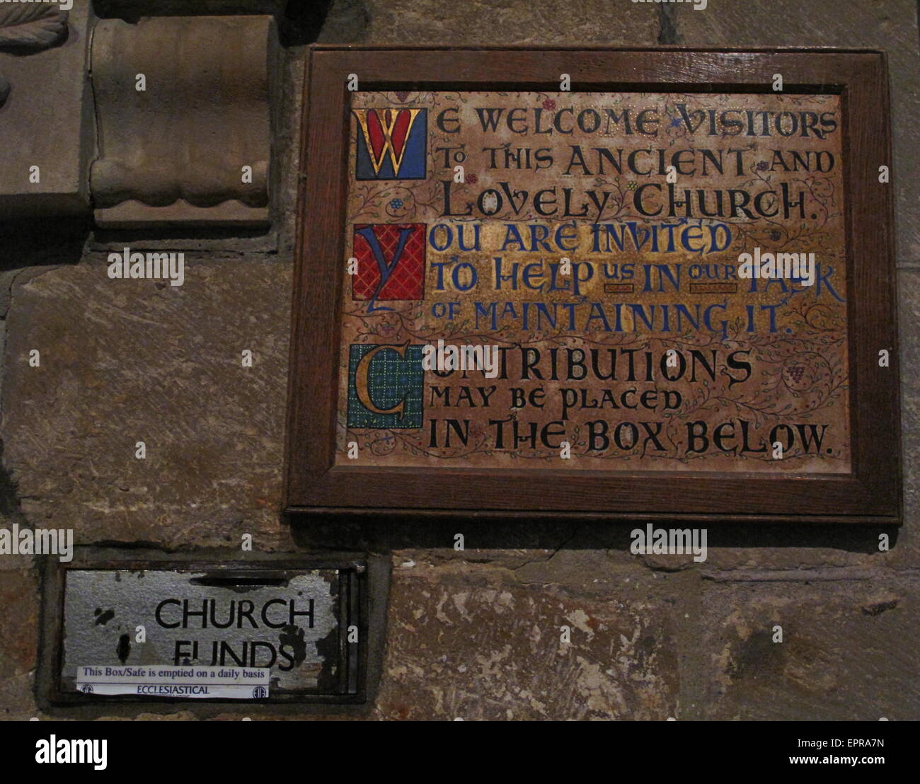 Contribution sign, St, Nicholas Church at Studland, Isle of Purbeck ...