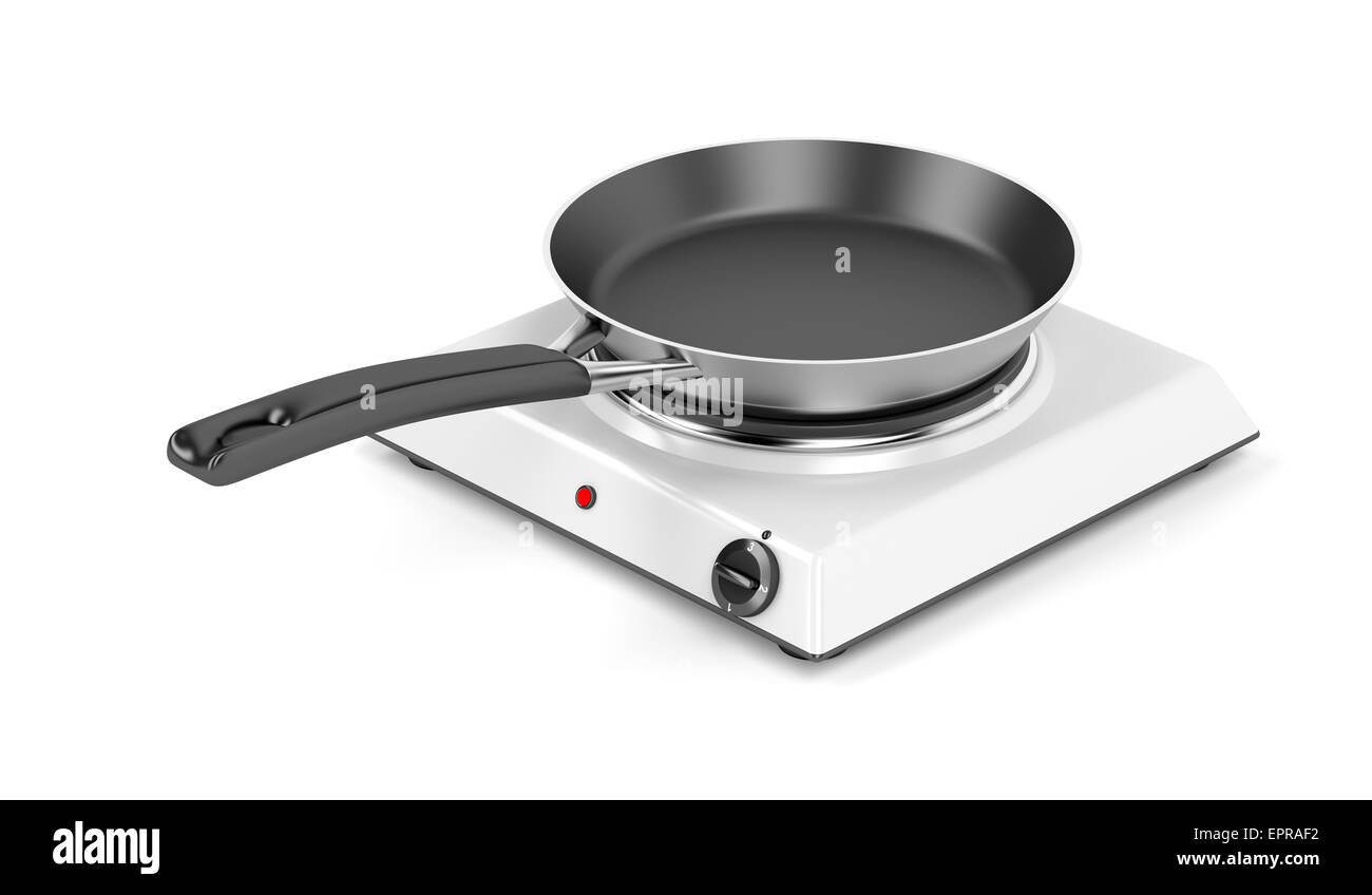 Hot plate and frying pan on white background Stock Photo - Alamy