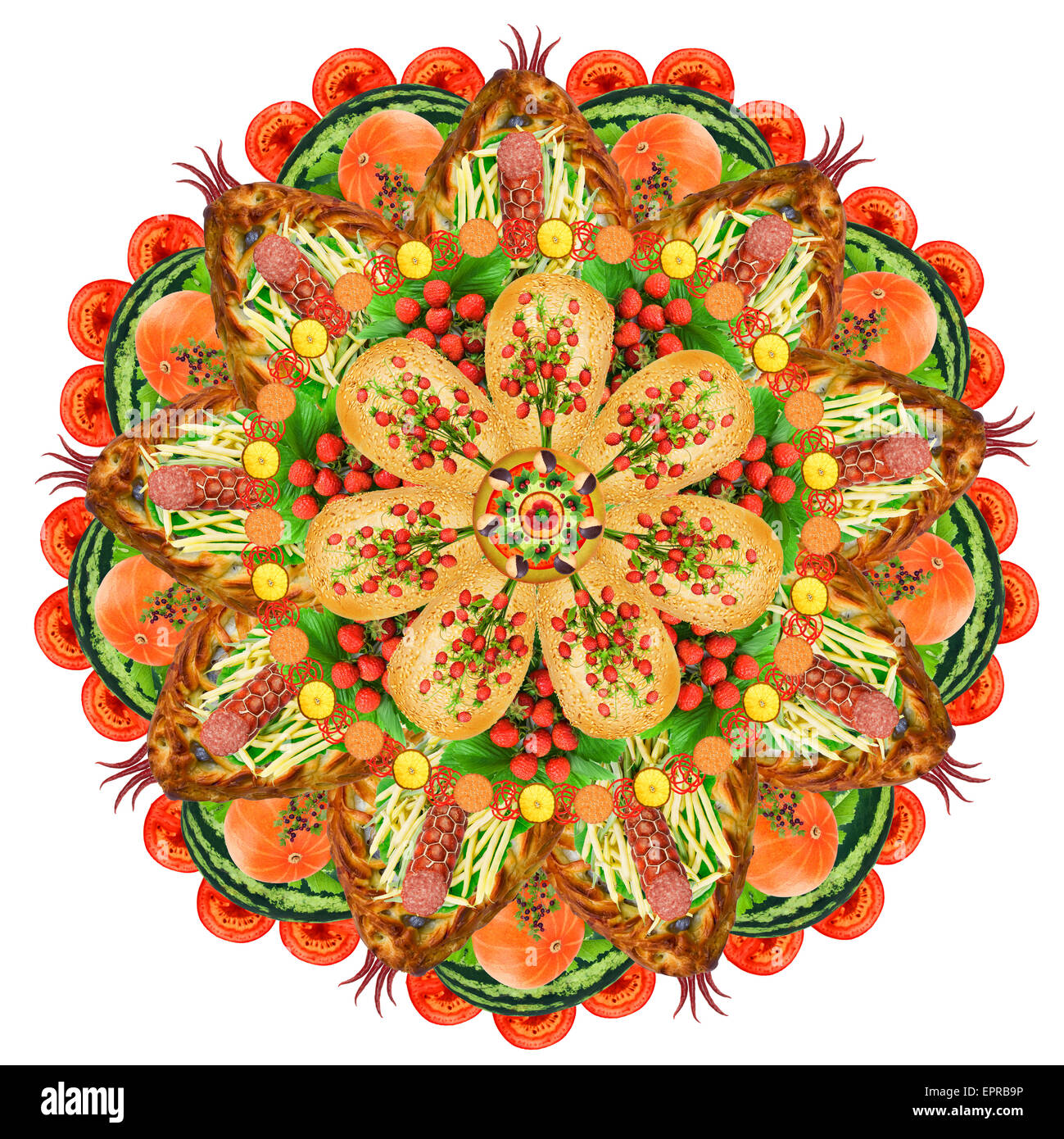 Sacred mandala of fat men and gluttons made from foods ingredients ...