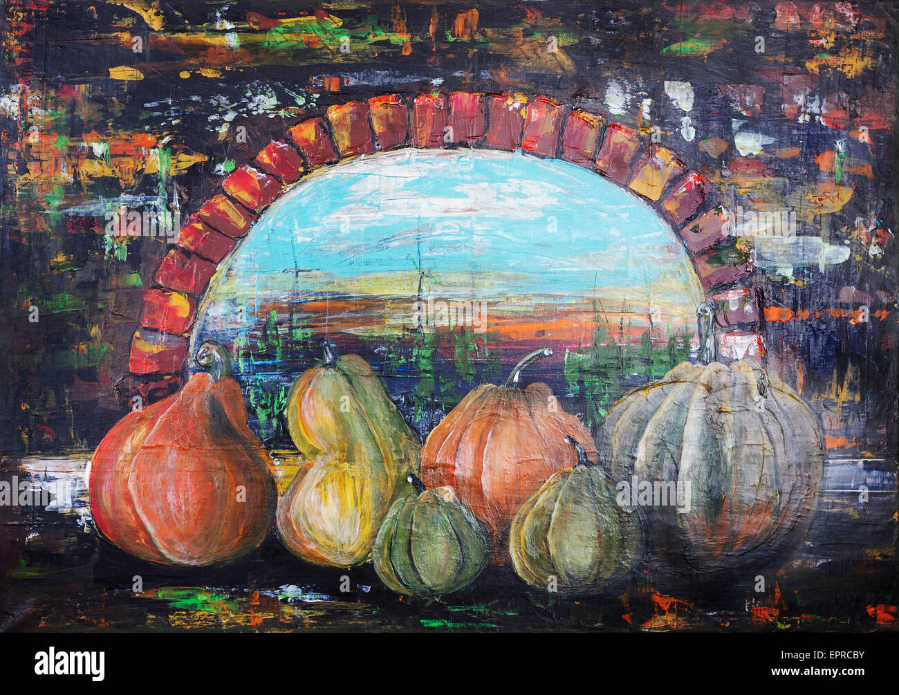Pumpkins for Halloween lie at a window of an ancient castle with ghosts ...