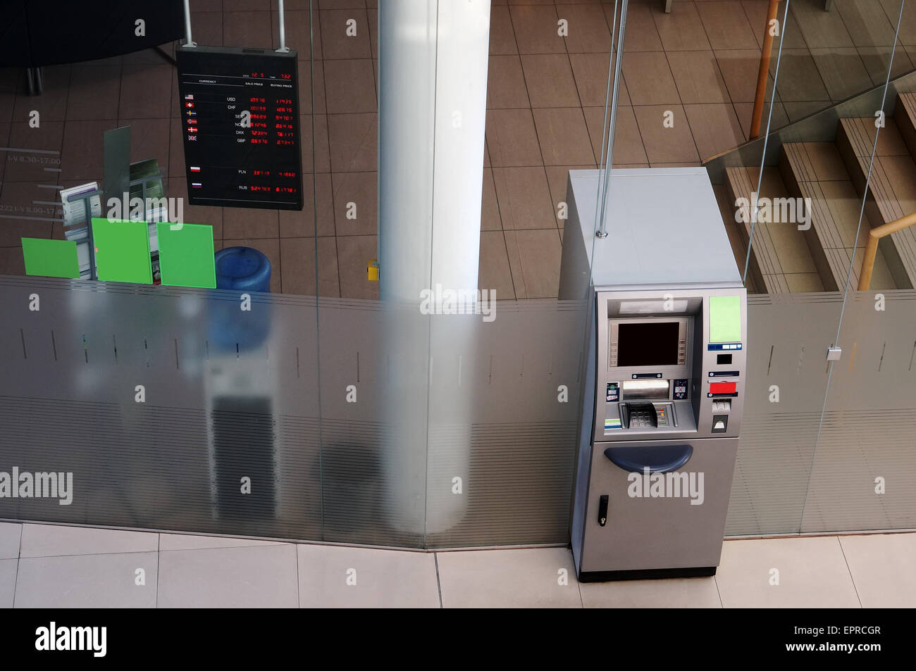 Information display of currency exchange rate and ATM. Top view Stock ...