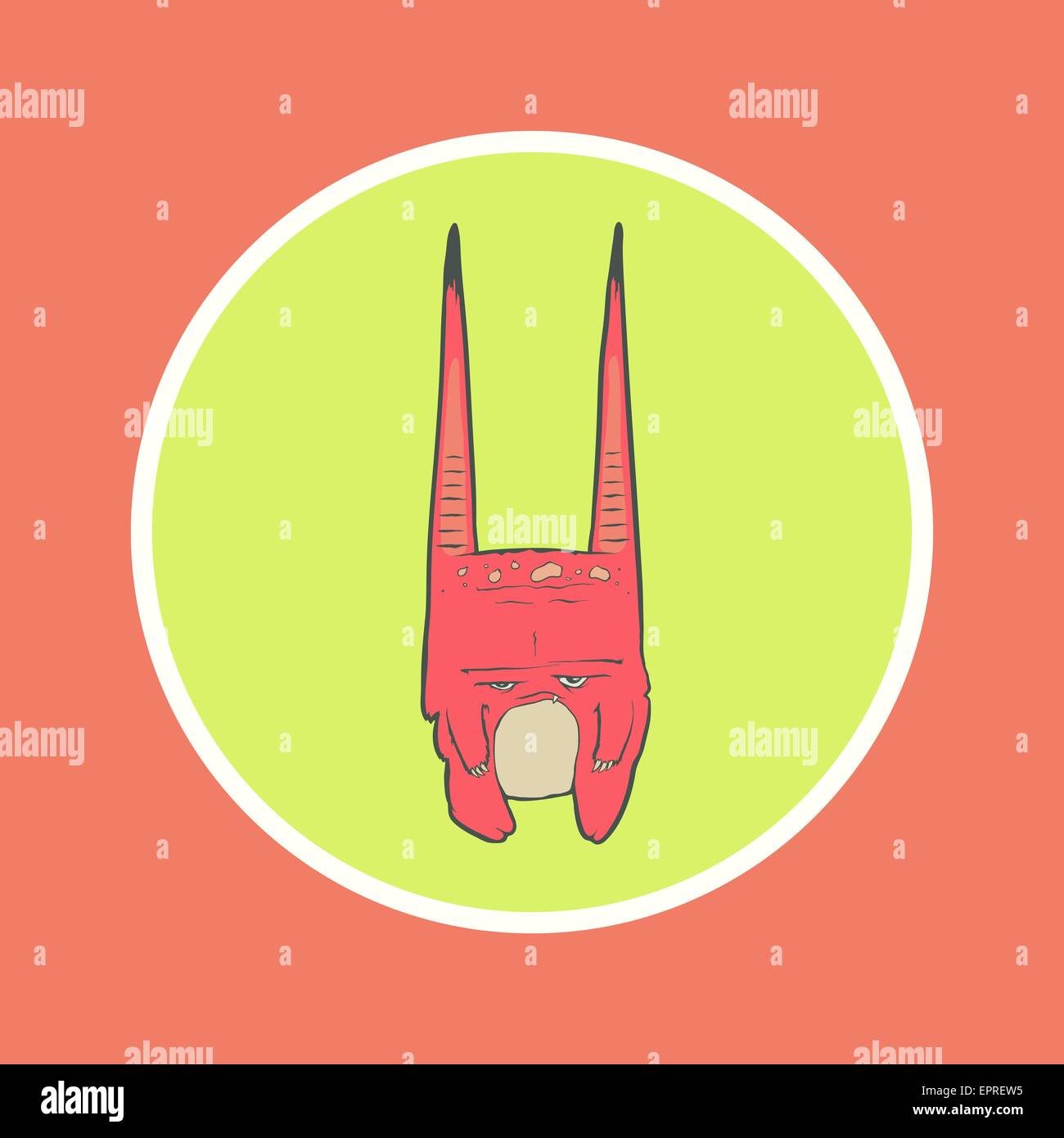 Vector illustration of little pink monster with long ears, fangs and a ...