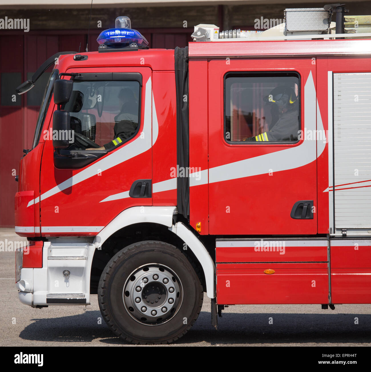 new red fire trucks with sirens blue ready for emergency Stock Photo ...