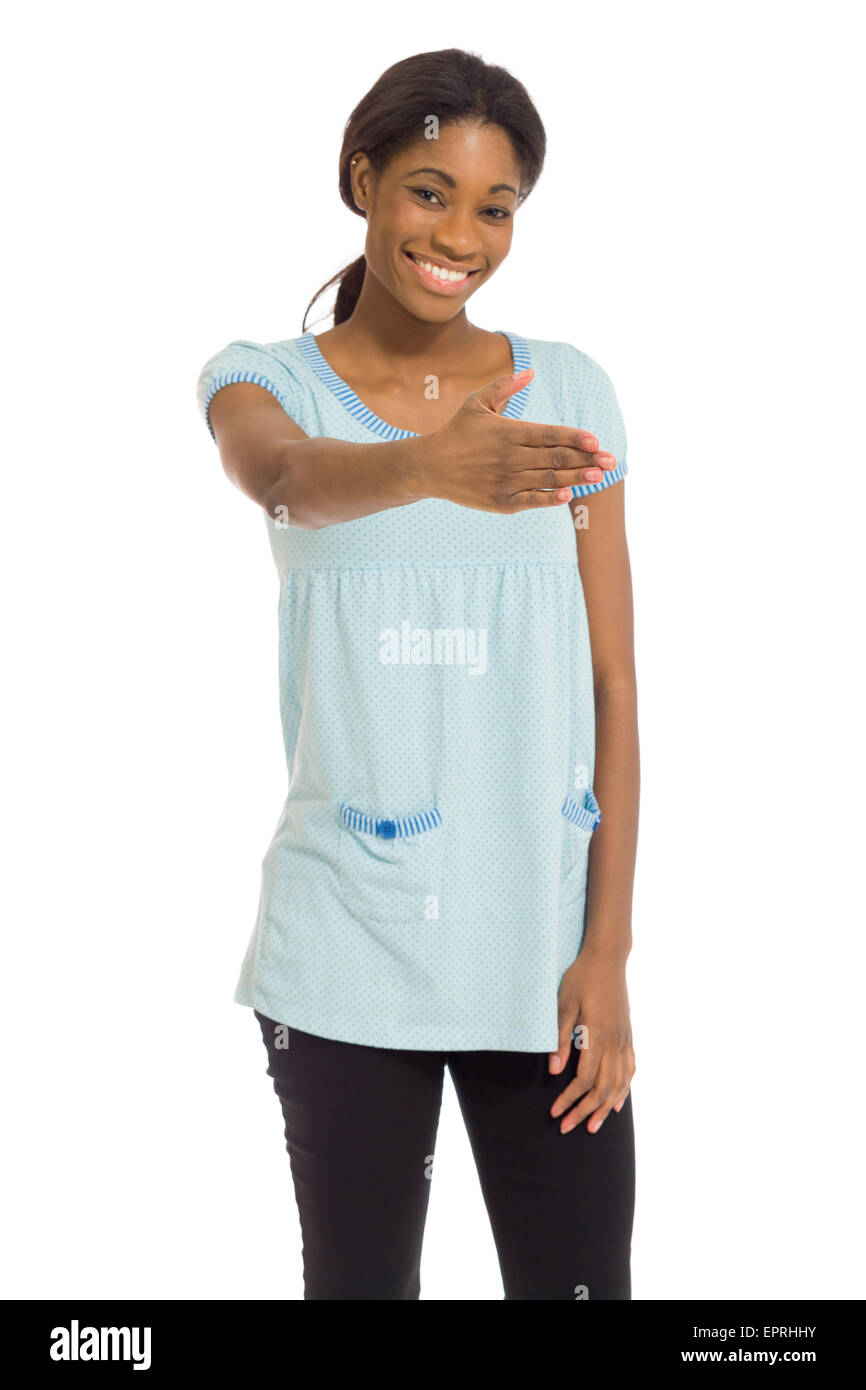 Model isolated on plain background in studio agreement hand shake Stock ...