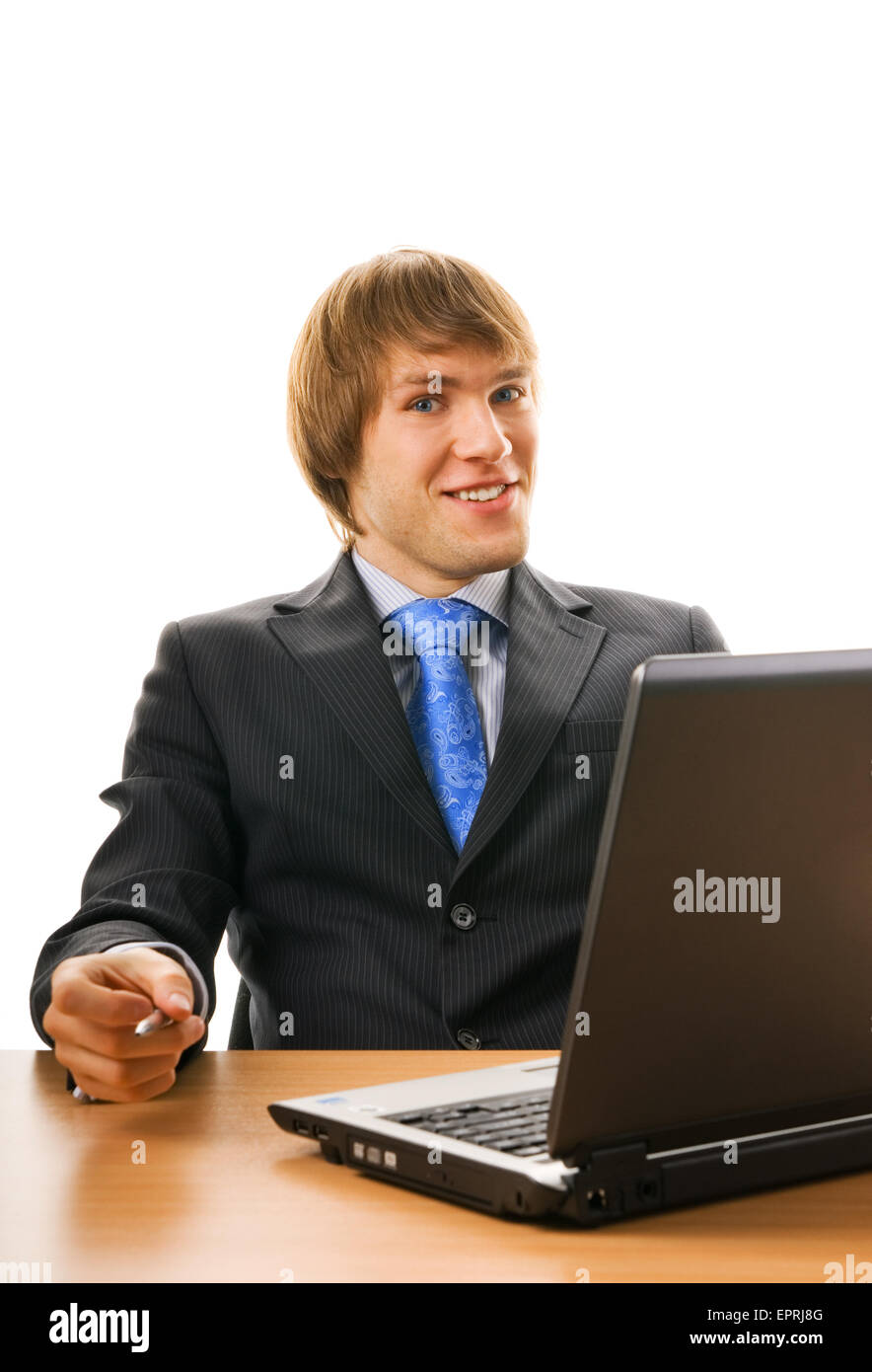 Young happy business man with a laptop Stock Photo - Alamy