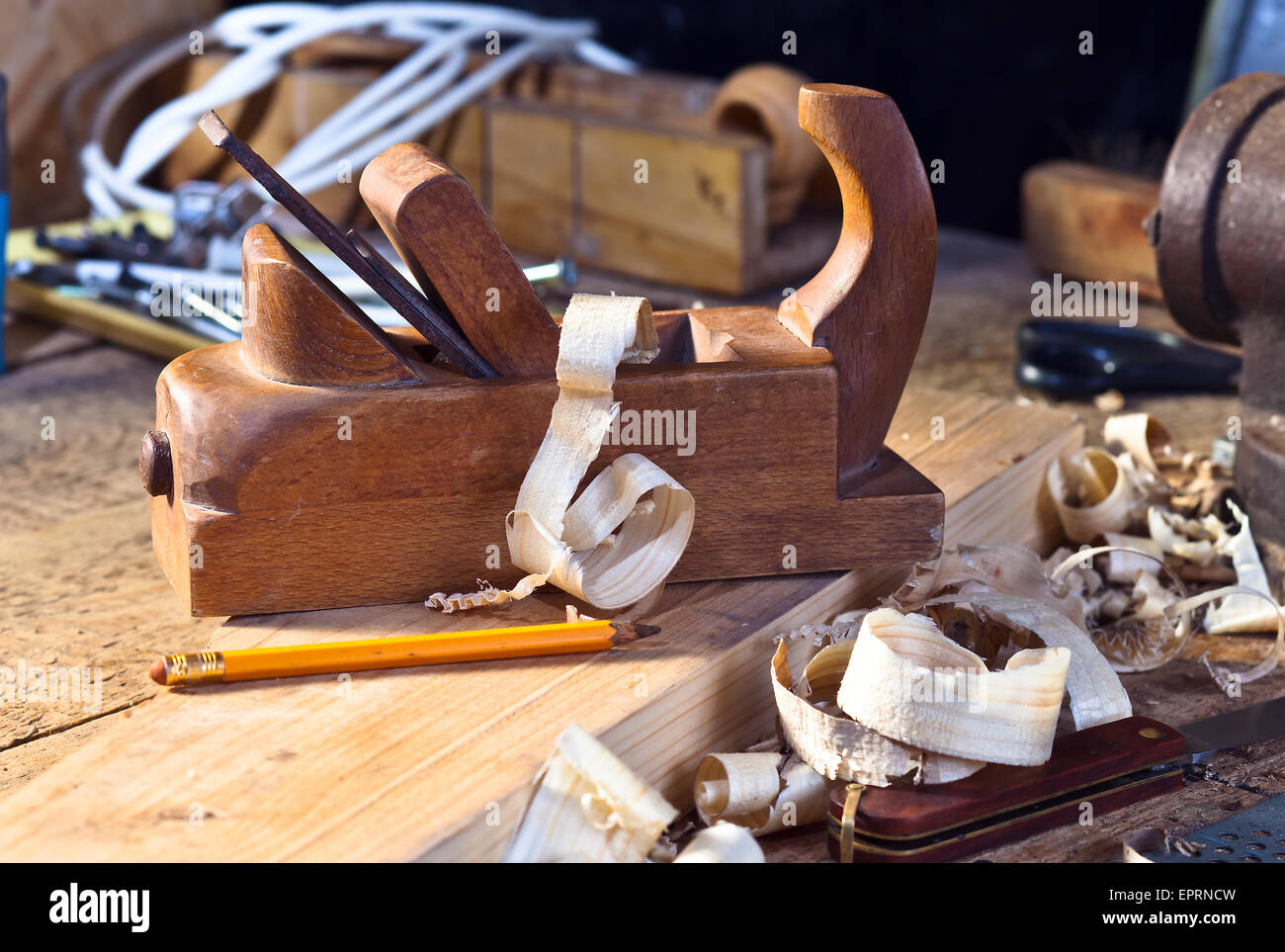 old wooden plane in a workshop of the carpenter Stock Photo - Alamy